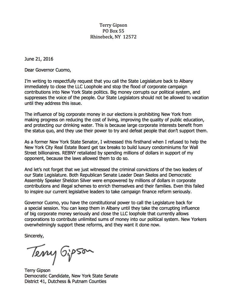Senator Gipson Sends Letter To Governor Ethics Reform Now 